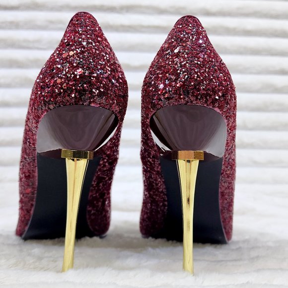 Pleaser | Shoes | Amuse Burgundy Red Glitter Pumps Slim Gold Tone Metal ...